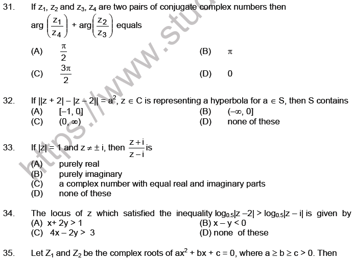 JEE Mathematics Complex Numbers MCQs Set C with Answers